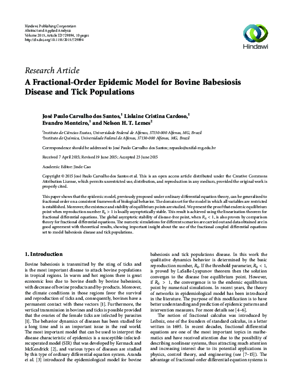 (PDF) A Fractional-Order Epidemic Model for Bovine Babesiosis Disease and Tick Populations