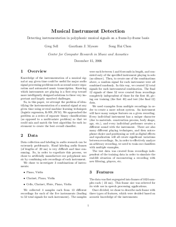 Pdf Musical Instrument Detection Detecting Instrumentation In Polyphonic Musical Signals On A