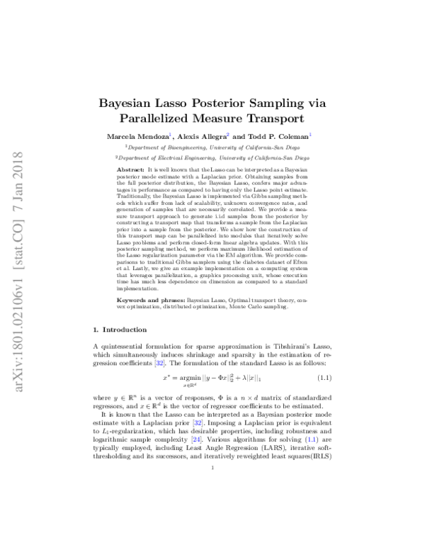 (PDF) Bayesian Lasso Posterior Sampling via Parallelized Measure Transport