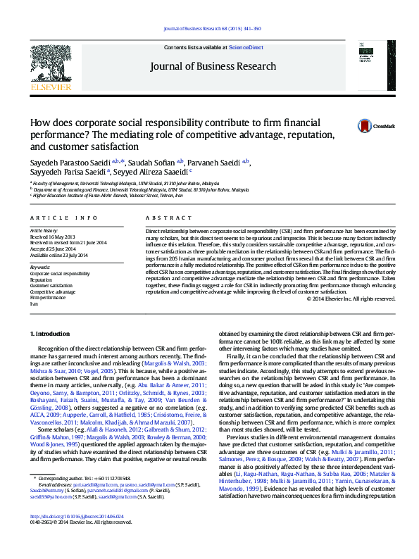 (PDF) How does corporate social responsibility contribute to firm financial performance? The ...