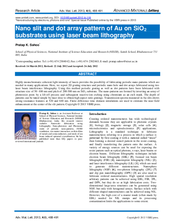 Pdf Nano Slit And Dot Array Pattern Of Au On Sio2 Substrates Using