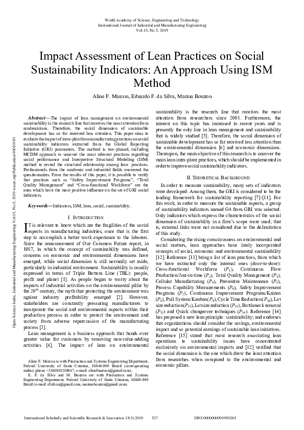 (PDF) Impact Assessment of Lean Practices on Social Sustainability Indicators: An Approach Using ...
