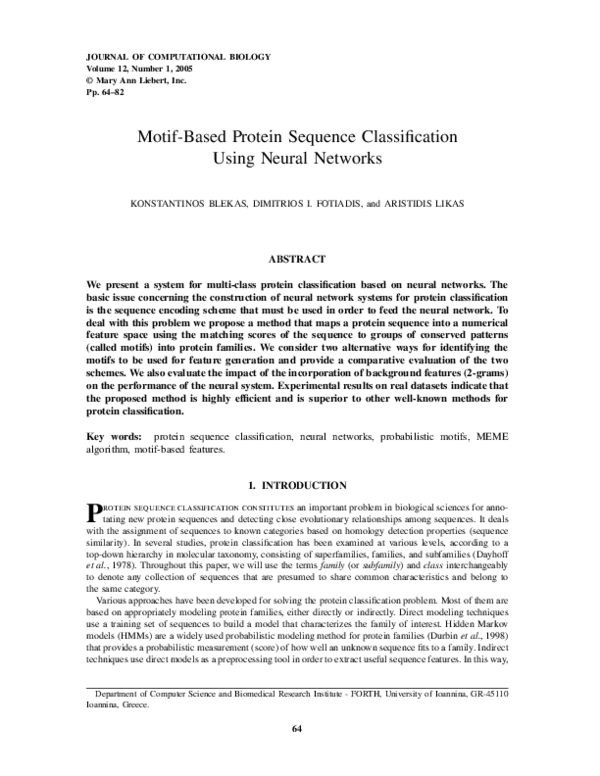 (PDF) Motif-Based Protein Sequence Classification Using Neural Networks | Aristidis Likas ...