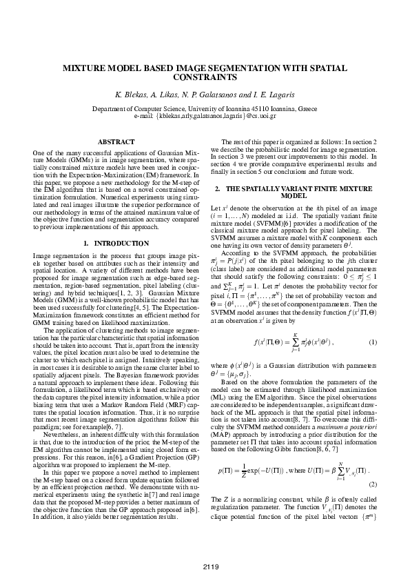 Pdf Mixture Model Based Image Segmentation With Spatial Constraints