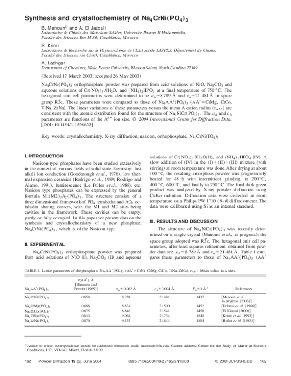 (PDF) Synthesis and crystallochemistry of Na4CrNi(PO4)3