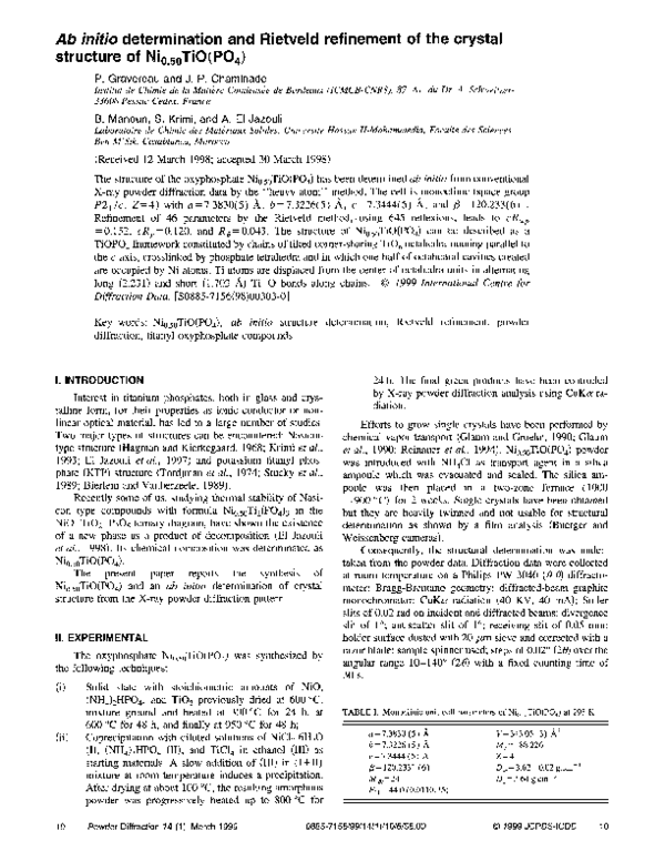 (PDF) Ab initio determination and Rietveld refinement of the crystal structure of Ni0.50TiO(PO4)