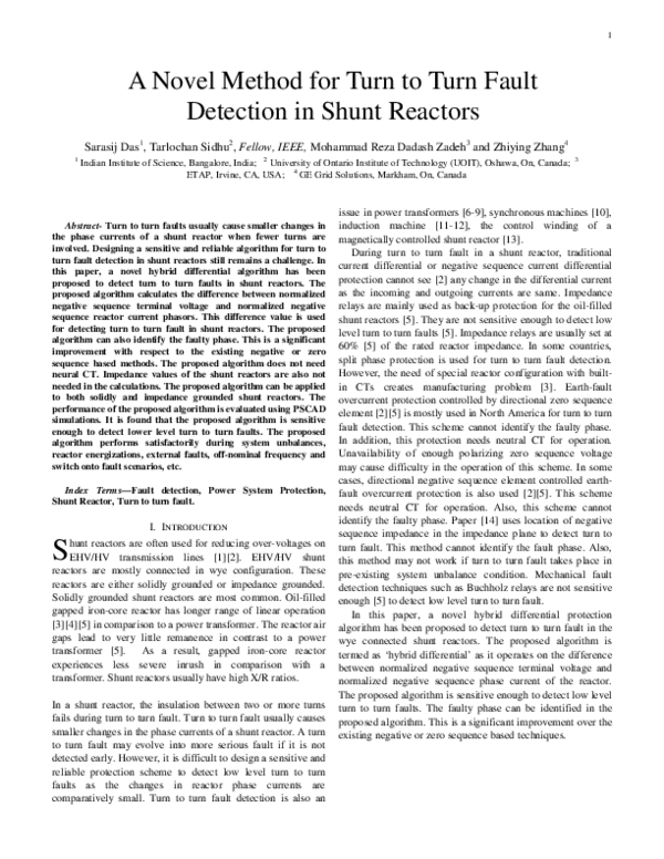 (PDF) A novel method for turn to turn fault detection in shunt reactors