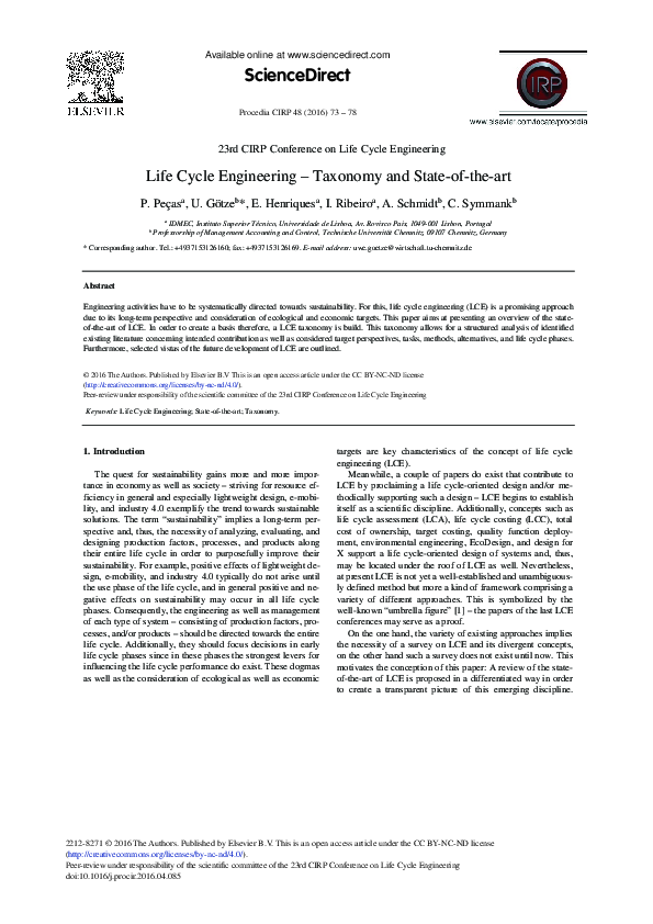 (PDF) Life Cycle Engineering – Taxonomy and State-of-the-Art