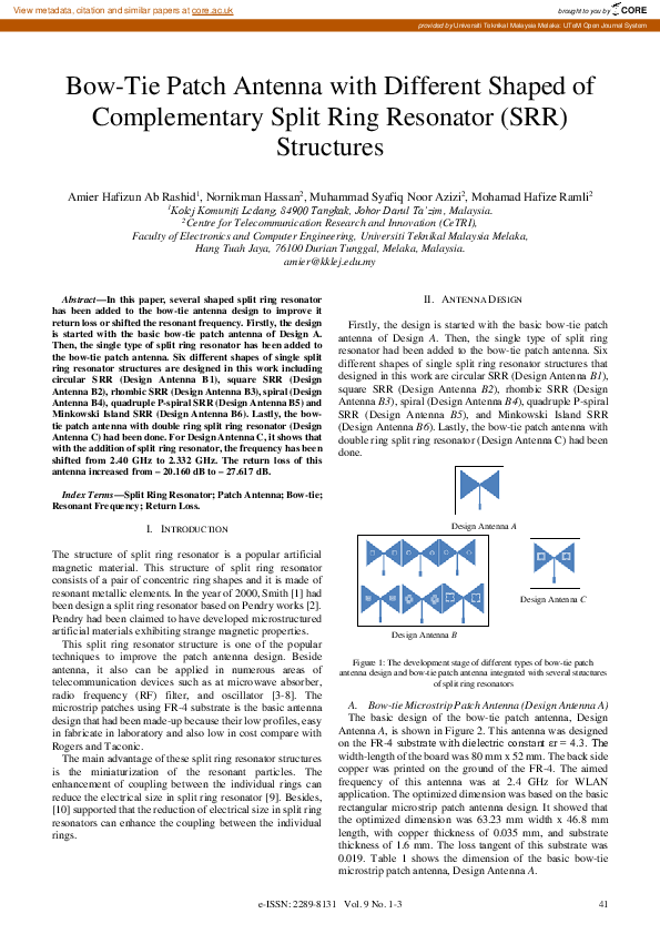 (PDF) Bow-Tie Patch Antenna with Different Shaped of Complementary Split Ring Resonator (SRR ...
