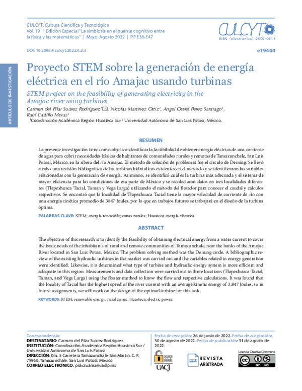 (PDF) Proyecto STEM sobre la generación de energía eléctrica en el río Amajac usando turbinas ...