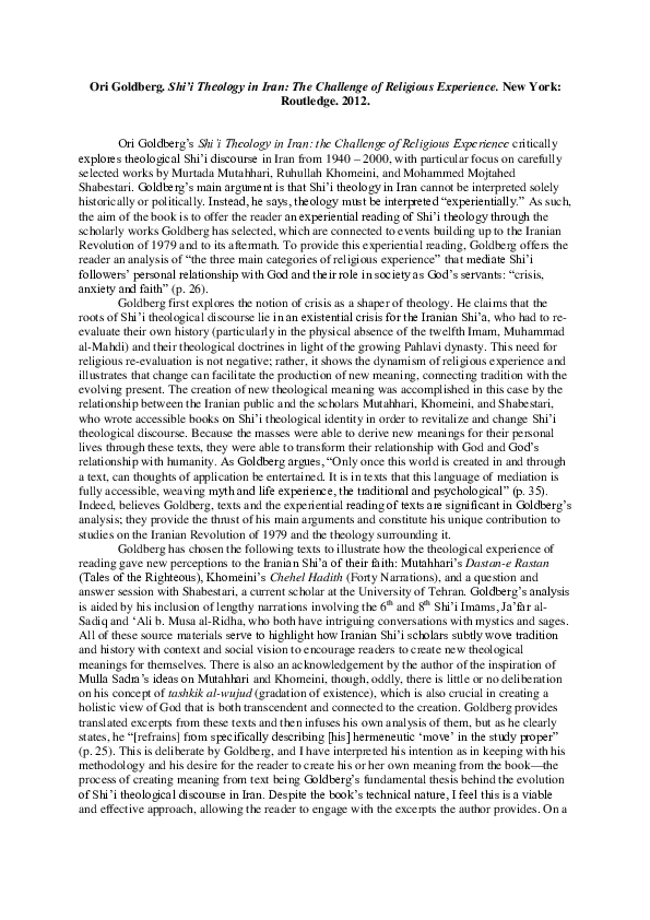 (PDF) Book Review: Ori Goldberg. Shi'i Theology in Iran: The Challenge ...