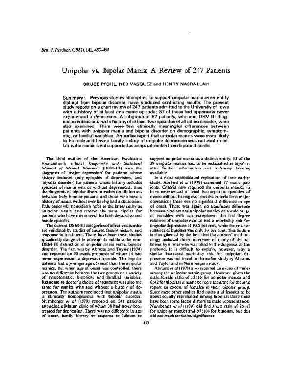 (PDF) Unipolar vs. Bipolar Mania: A Review of 247 Patients