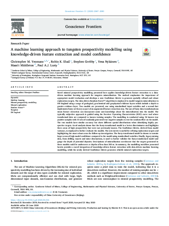 Pdf A Machine Learning Approach To Tungsten Prospectivity Modelling
