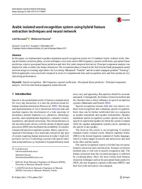Pdf Arabic Isolated Word Recognition System Using Hybrid Feature Extraction Techniques And