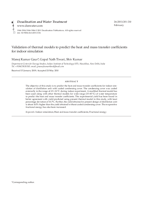 (PDF) Validation of thermal models to predict the heat and mass transfer coefficients for indoor ...