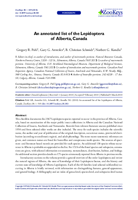 (PDF) An annotated list of the Lepidoptera of Alberta, Canada