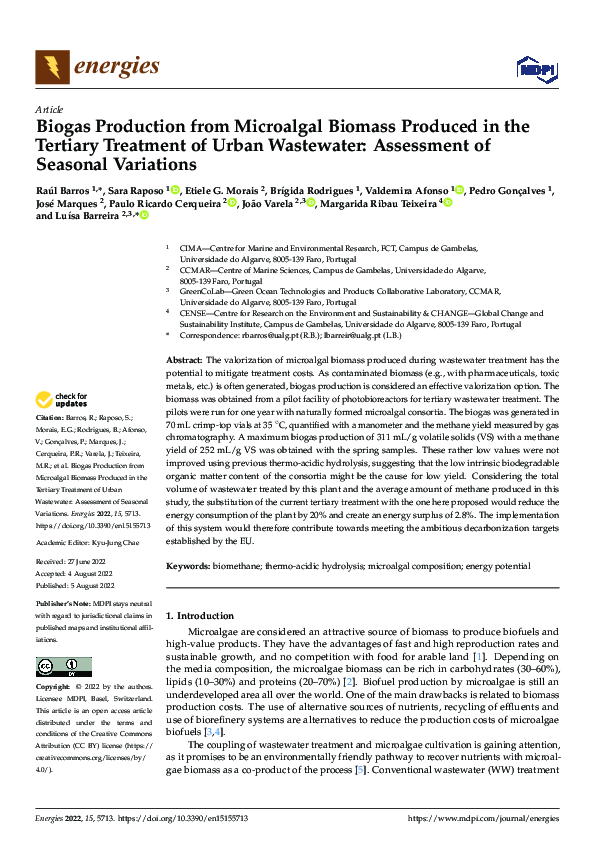 (PDF) Biogas Production from Microalgal Biomass Produced in the Tertiary Treatment of Urban ...