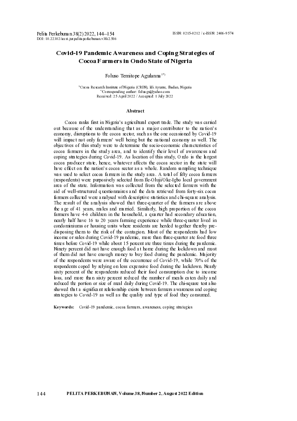 (PDF) Covid-19 pandemic awareness and coping strategies of cocoa ...