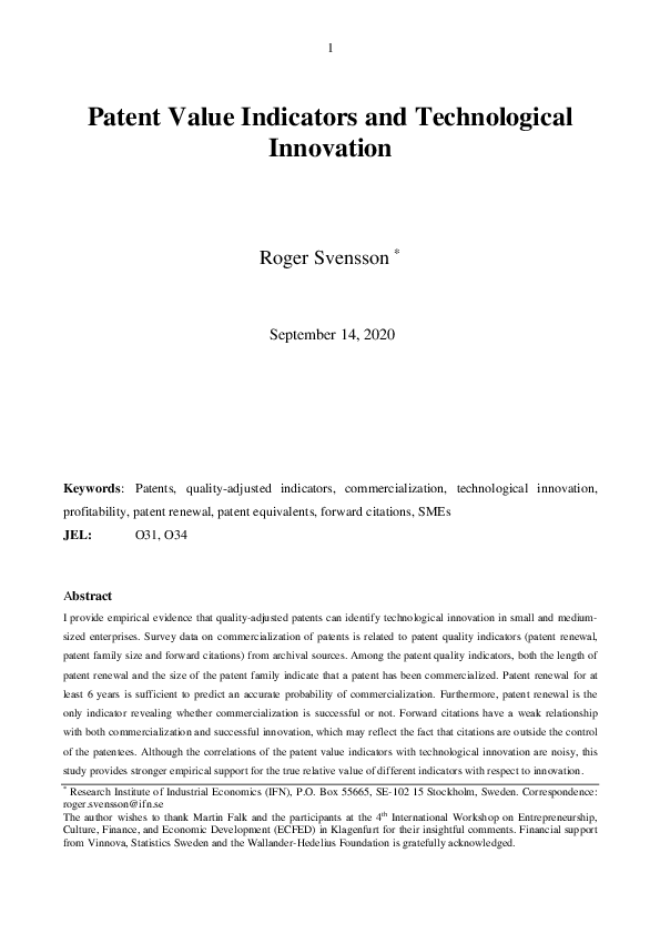 (PDF) Patent Value Indicators and Technological Innovation