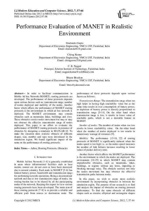 (PDF) Performance Evaluation of MANET in Realistic Environment