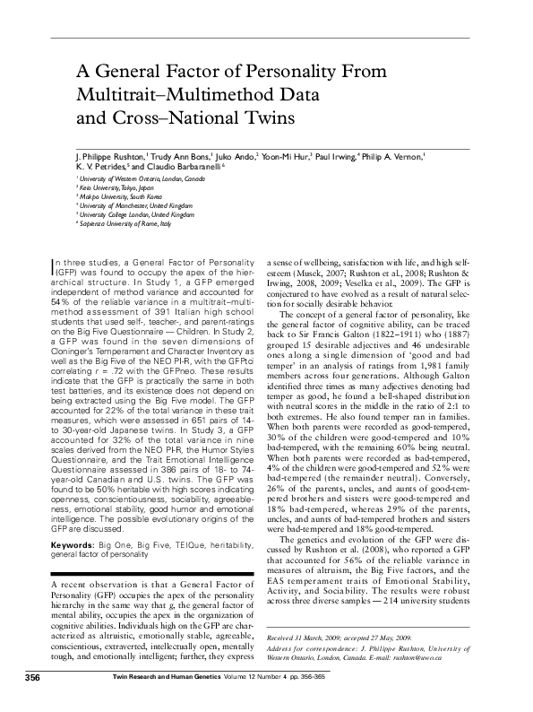 (PDF) A General Factor of Personality From Multitrait–Multimethod Data and Cross–National Twins