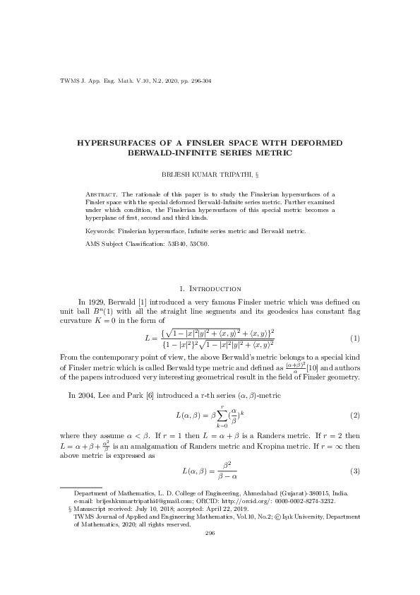 (PDF) Hypersurfaces of a Finsler Space with Deformed Berwald Infinite ...