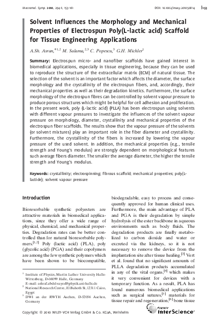 (PDF) Solvent Influences the Morphology and Mechanical Properties of Electrospun Poly(L-lactic ...