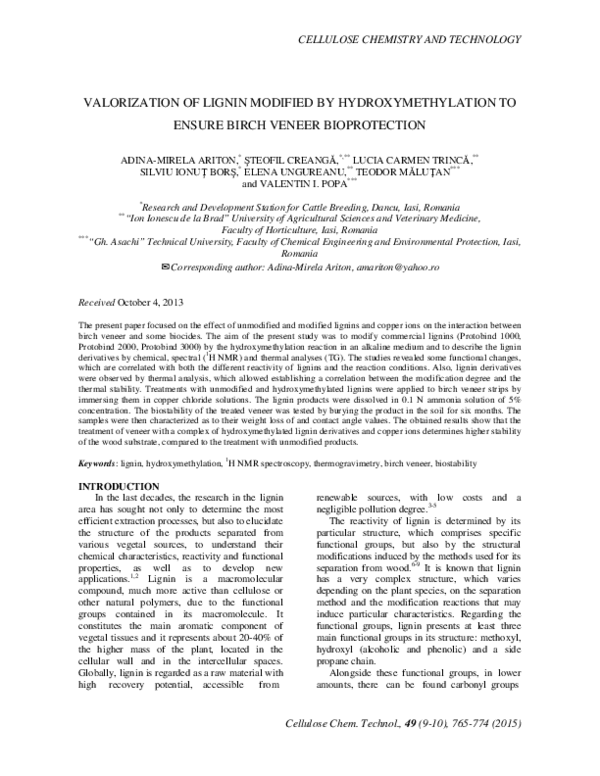 (PDF) Valorization of Lignin Modified by Hydroxymethylation to Ensure ...