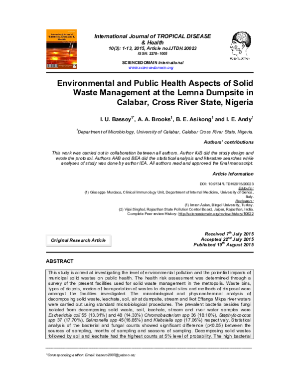(PDF) Environmental and Public Health Aspects of Solid Waste Management at the Lemna Dumpsite in ...