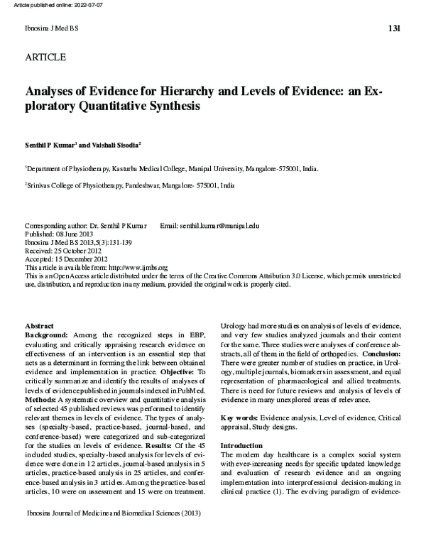 Pdf Analyses Of Evidence For Hierarchy And Levels Of Evidence An Exploratory Quantitative
