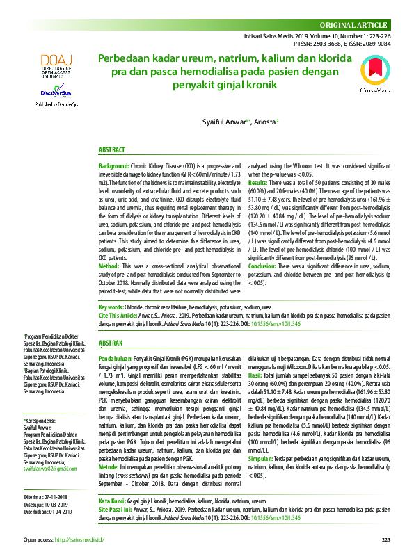 (PDF) Perbedaan kadar ureum, natrium, kalium dan klorida pra dan pasca hemodialisa pada pasien ...
