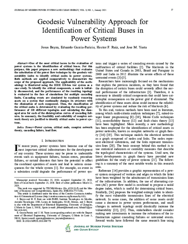 (PDF) Geodesic Vulnerability Approach for Identification of Critical Buses in Power Systems