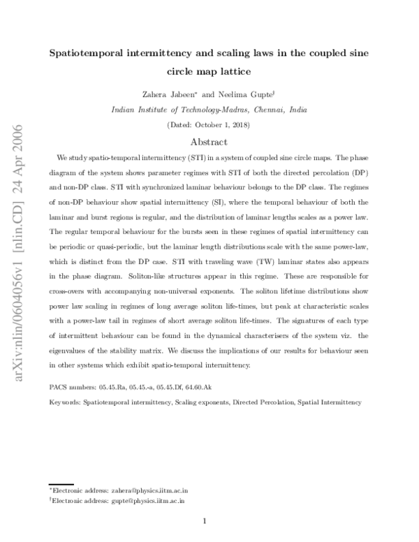 (PDF) Spatiotemporal intermittency and scaling laws in the coupled sine circle map lattice | N ...