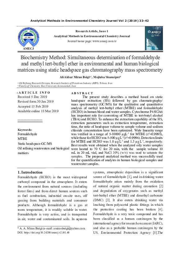 (PDF) Biochemistry Method: Simultaneous determination of formaldehyde and methyl tert-buthyl ...