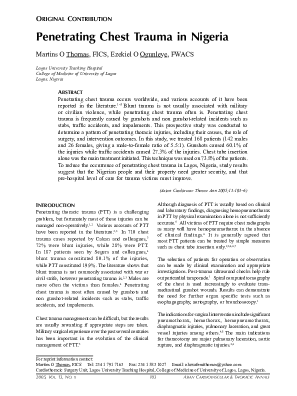 (PDF) Penetrating Chest Trauma in Nigeria