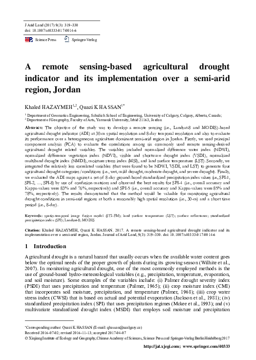 (PDF) A remote sensing-based agricultural drought indicator and its implementation over a semi ...