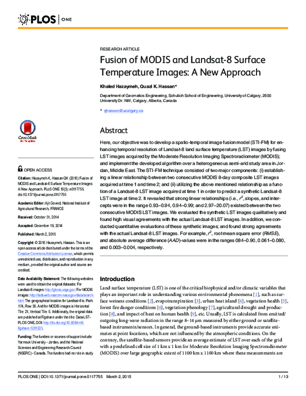 Pdf Research Article Fusion Of Modis And Landsat 8 Surface Temperature Images A New Approach