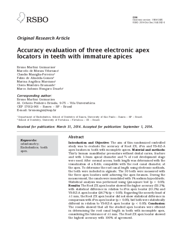 Pdf Accuracy Evaluation Of Three Electronic Apex Locators In Teeth With Immature Apices