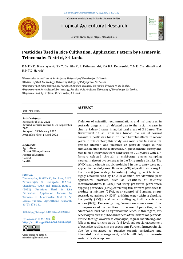 (PDF) Pesticide Usage Pattern in Rice Cultivation in Trincomalee District in Sri Lanka ...