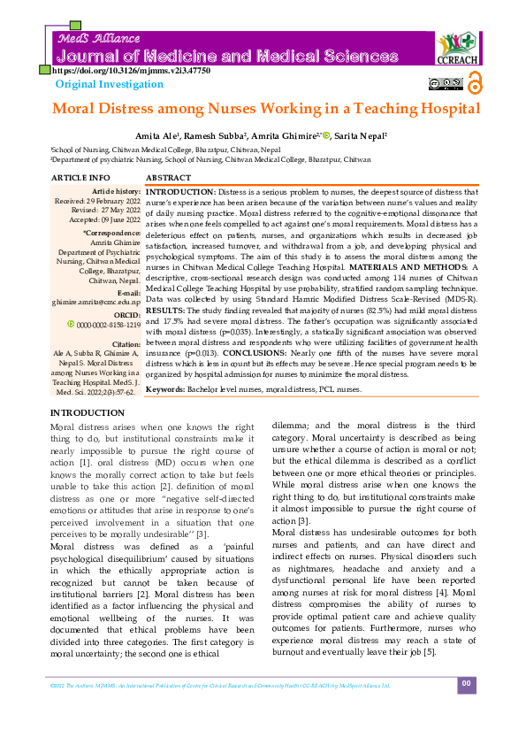 (PDF) Moral Distress among Nurses Working in a Teaching Hospital