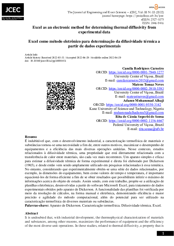 (PDF) Excel as an electronic method for determining thermal diffusivity from experimental data