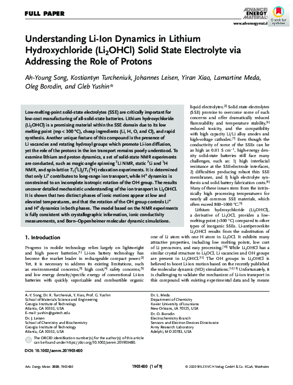 (PDF) Understanding Li‐Ion Dynamics in Lithium Hydroxychloride (Li 2 ...