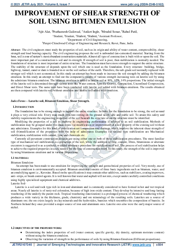 (PDF) Improvement of Shear Strength of Soil Using Bitumen Emulsion