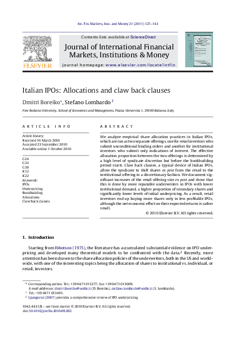 (PDF) Italian IPOs: Allocations and claw back clauses | Dmitri Boreiko ...