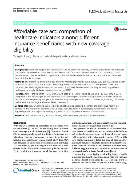 (PDF) Affordable care act: comparison of healthcare indicators among ...