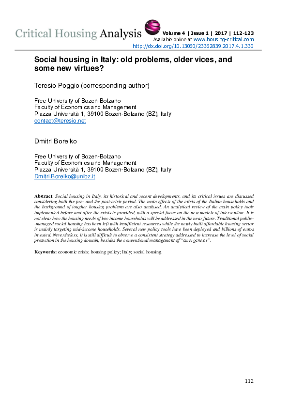 (PDF) Social Housing in Italy: Old Problems, Older Vices and Some New ...