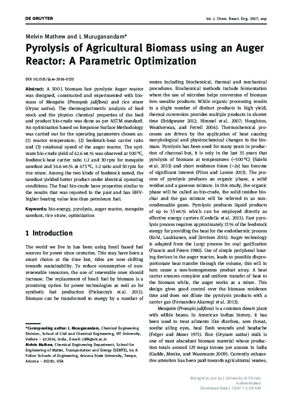 (PDF) Pyrolysis of Agricultural Biomass using an Auger Reactor: A Parametric Optimization
