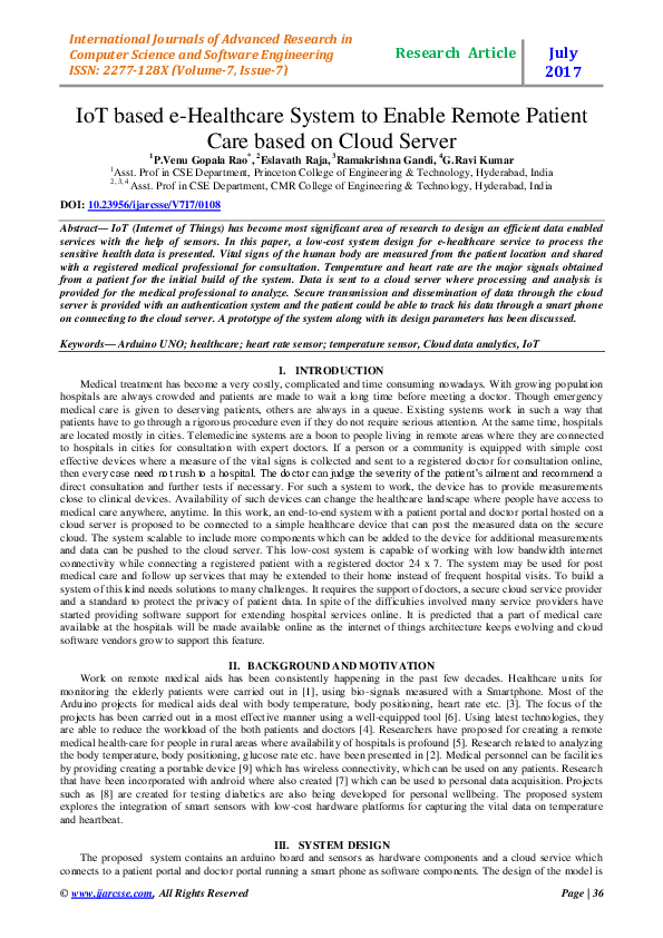 (PDF) IoT based e-Healthcare System to Enable Remote Patient Care based ...