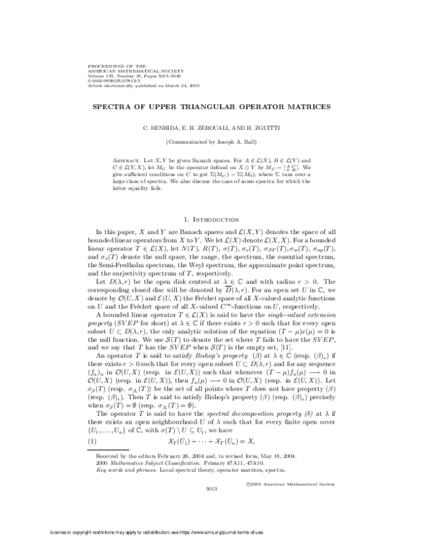 (PDF) Spectra of upper triangular operator matrices