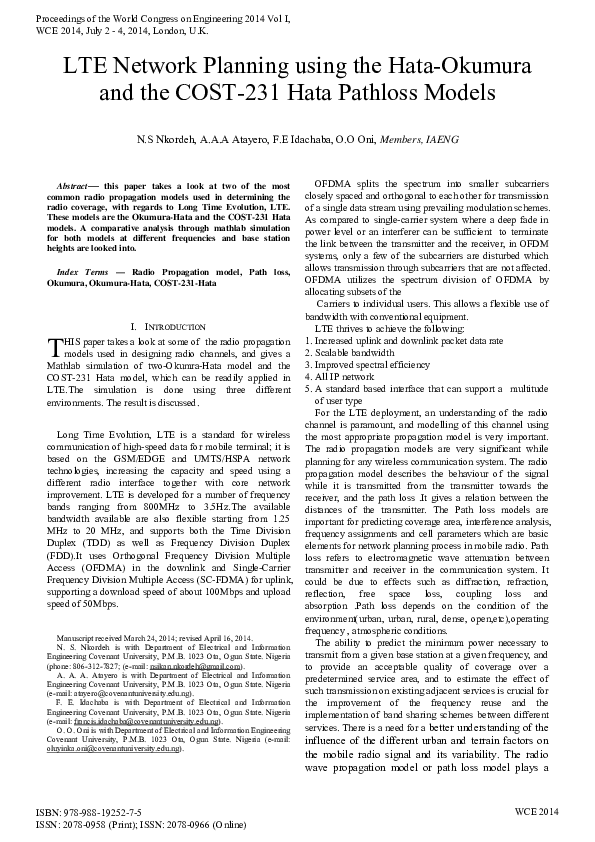 (PDF) LTE Network Planning Using the Hata-Okumura and the COST-231 Hata Pathloss Models